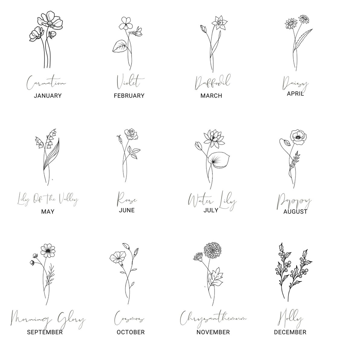 Family Heart Custom Birth Flower Line Drawing Canvas Birth Month Floral ...