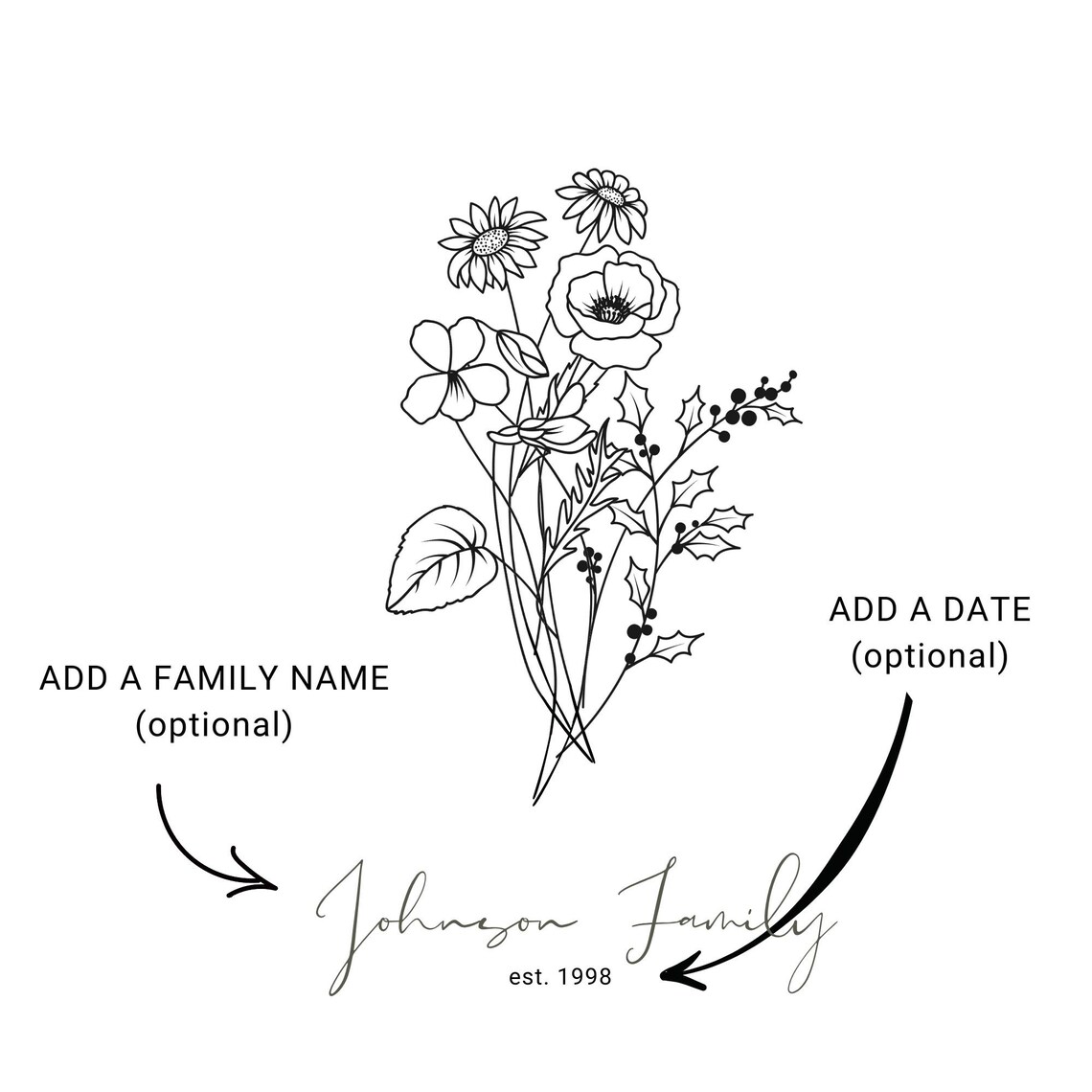 Family Birth Flower Bouquet Custom Line Drawing Print Birth - Etsy