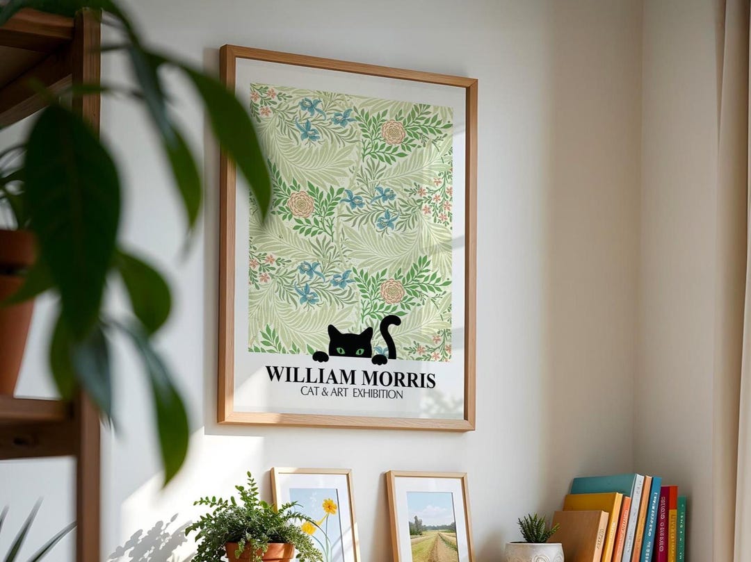 William Morris Black Cat Giclée Print: Light Green Botanical Wall Decor ...