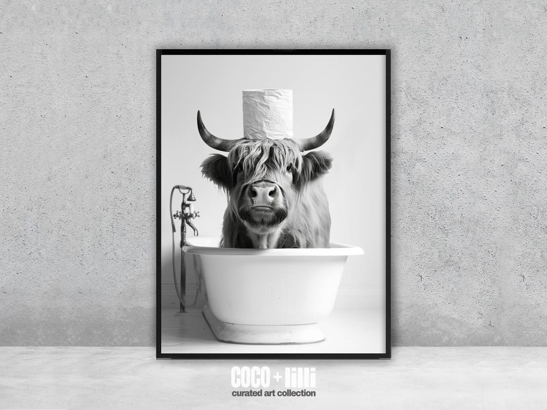 Cute Highland Cow in Bath Bathroom Decor Farmhouse Bathroom Art Country ...