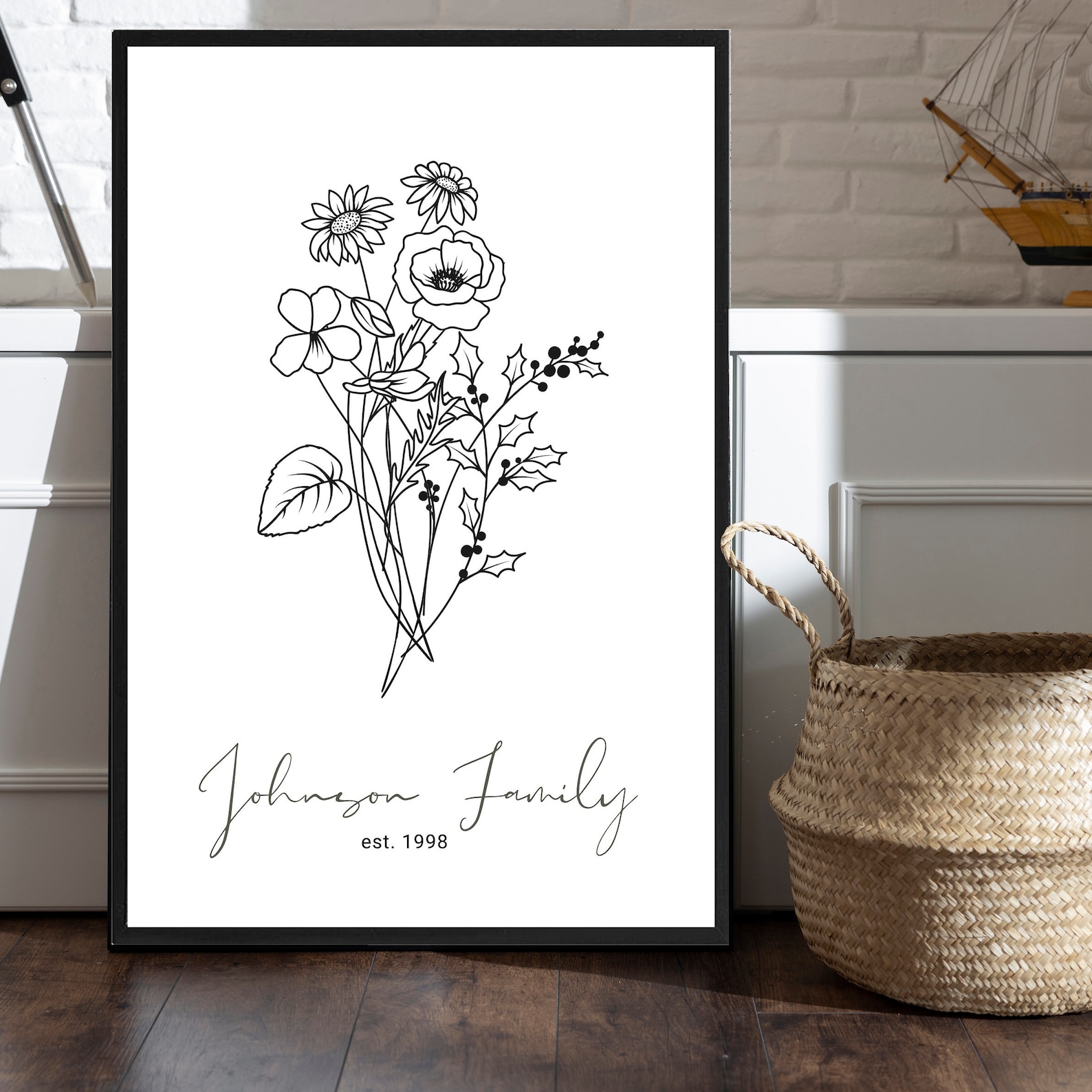 Family Birth Flower Bouquet Custom Line Drawing Print Birth - Etsy