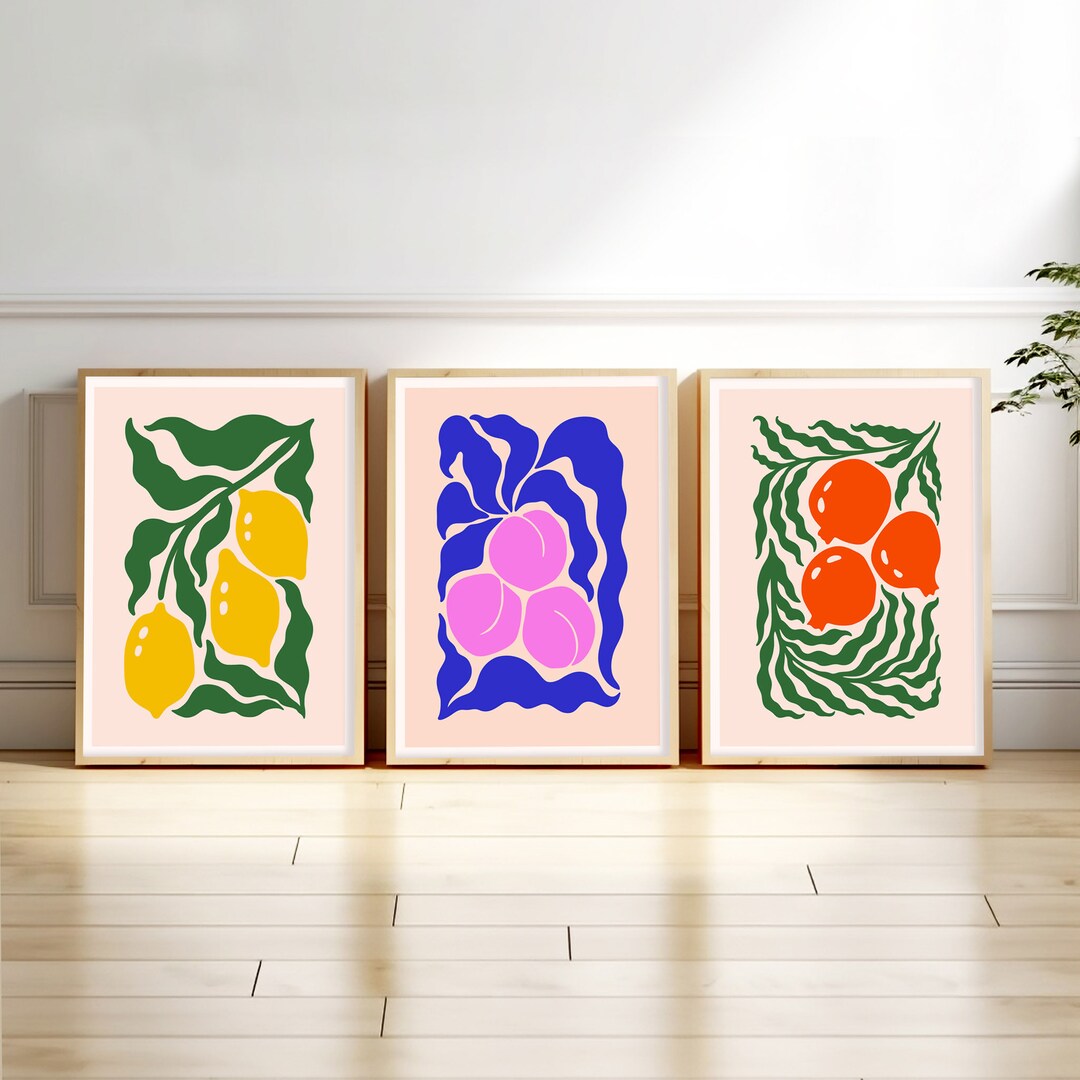 Set of 3 Prints Food Art Lemons Pomegranate Peaches Poster Set of 3 ...