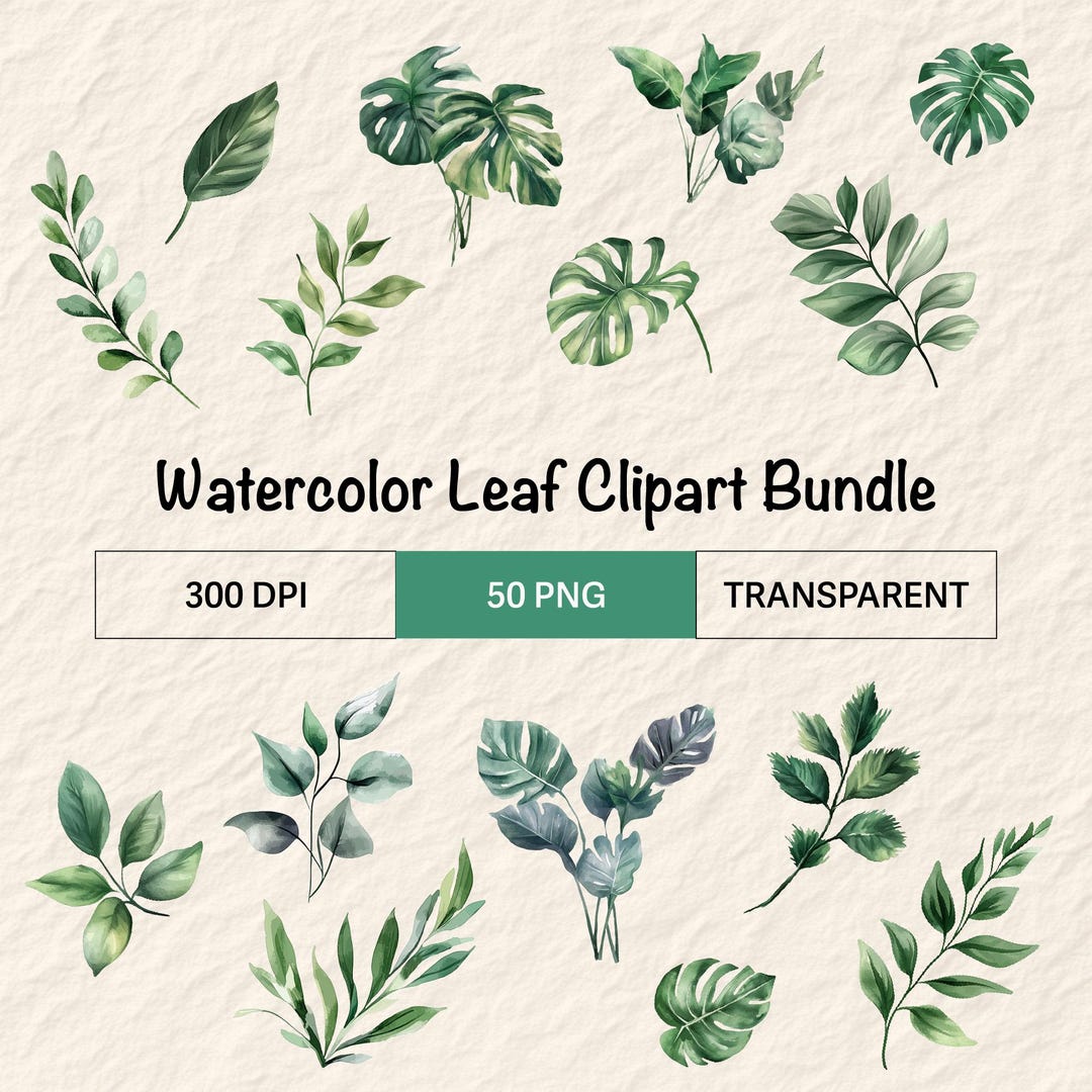 50 Green Botanical Leaves Watercolor Clipart Bundle Pngs for Crafts ...
