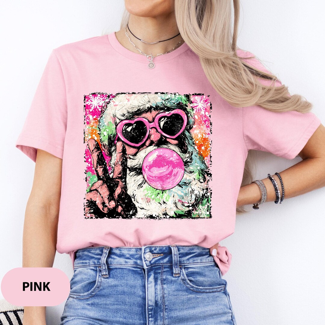 Christmas Bubble Gum Peace Sign Shirt, Santa Blowing Bubble Shirt, Pink ...