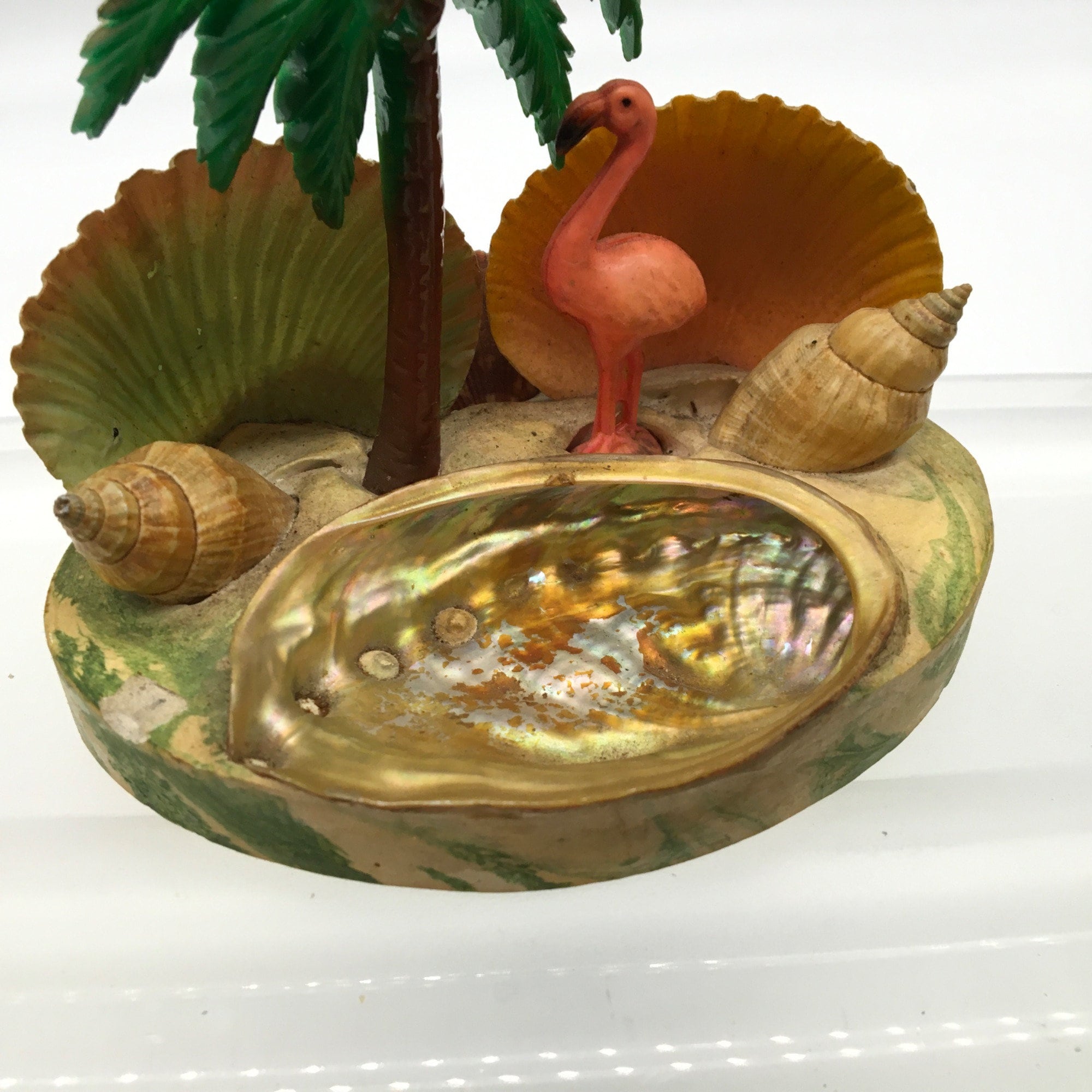 Mid Century Seashell Souvenir Diorama Shells Flamingo Palm Tree Kitsch ...
