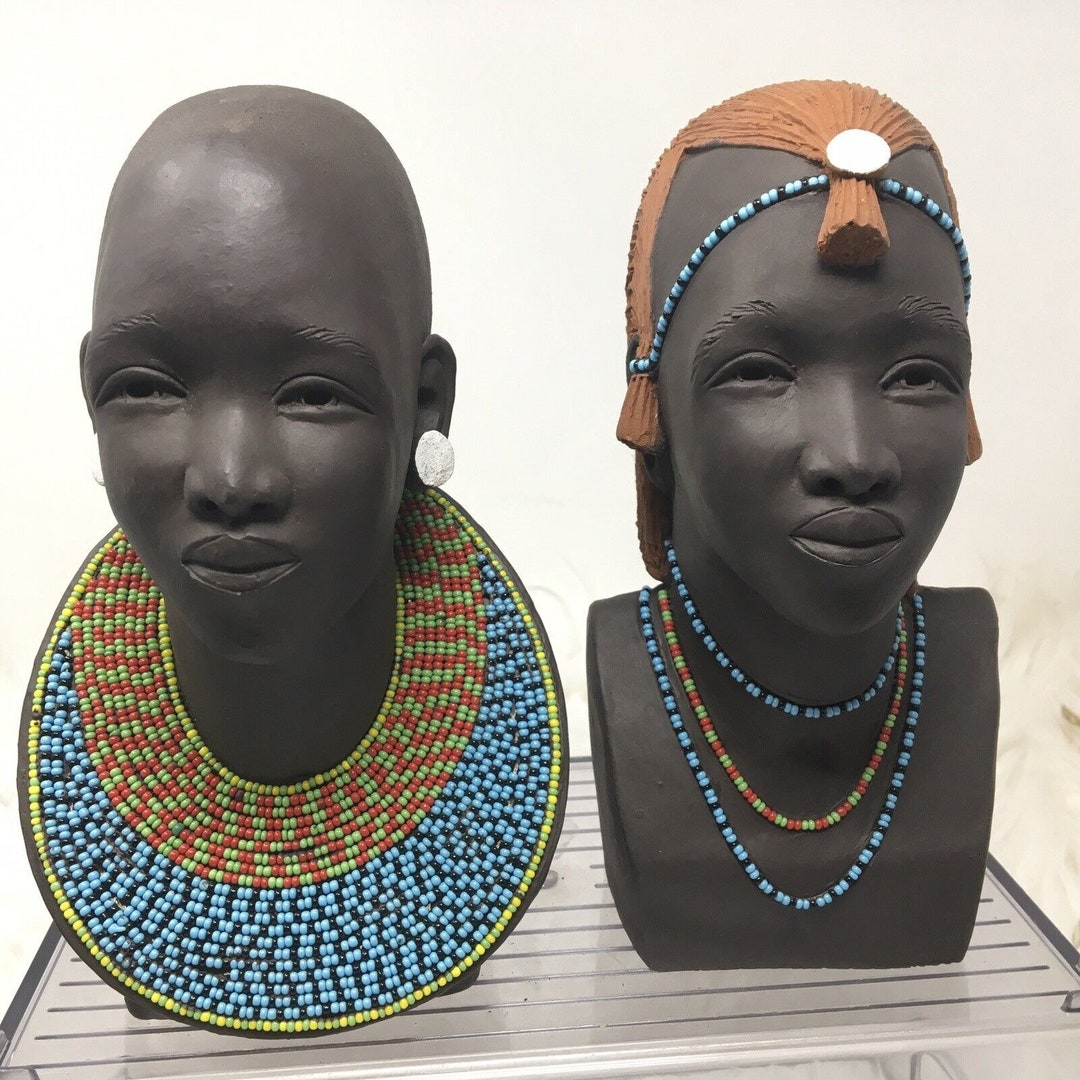 Pair African Massai Girl and Moran / Elder Handmade Clay Bust Sculpture ...