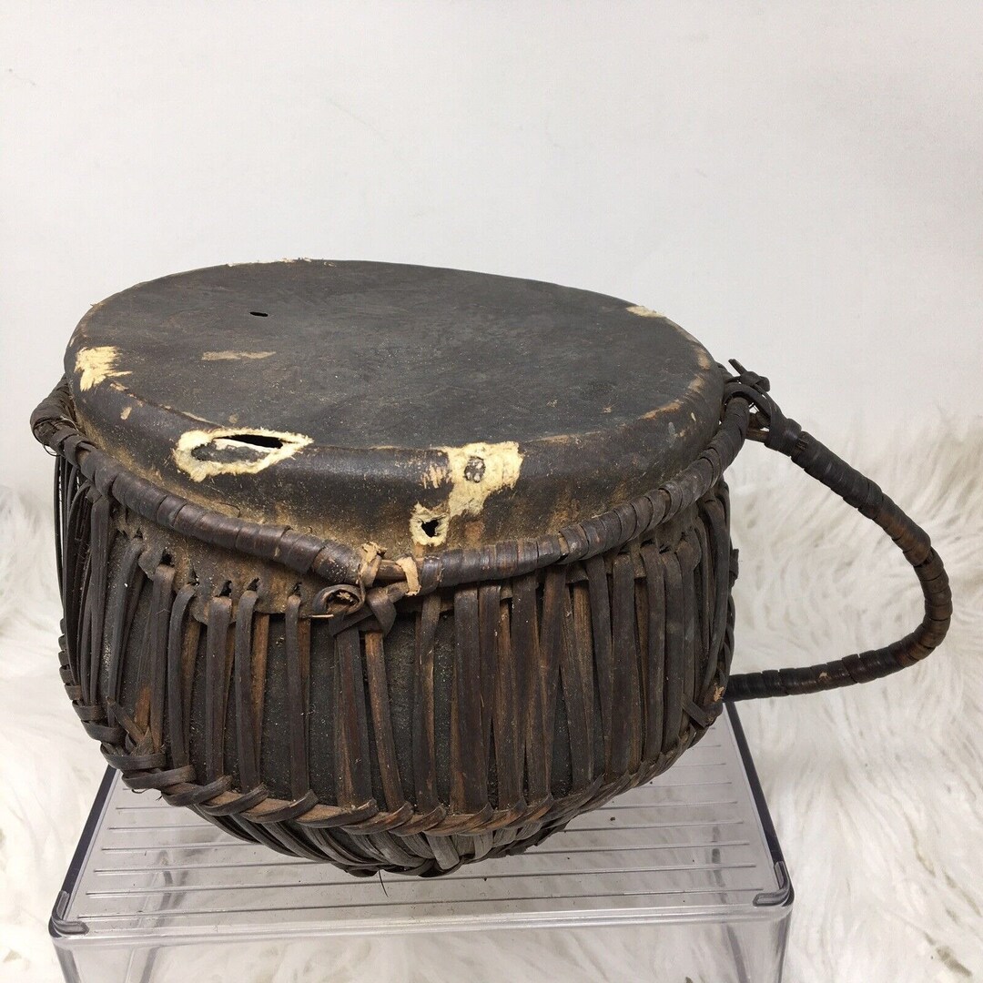 Antique Nigerian African Small Hand Drum Woven Sides W/ Handle Folk Art ...