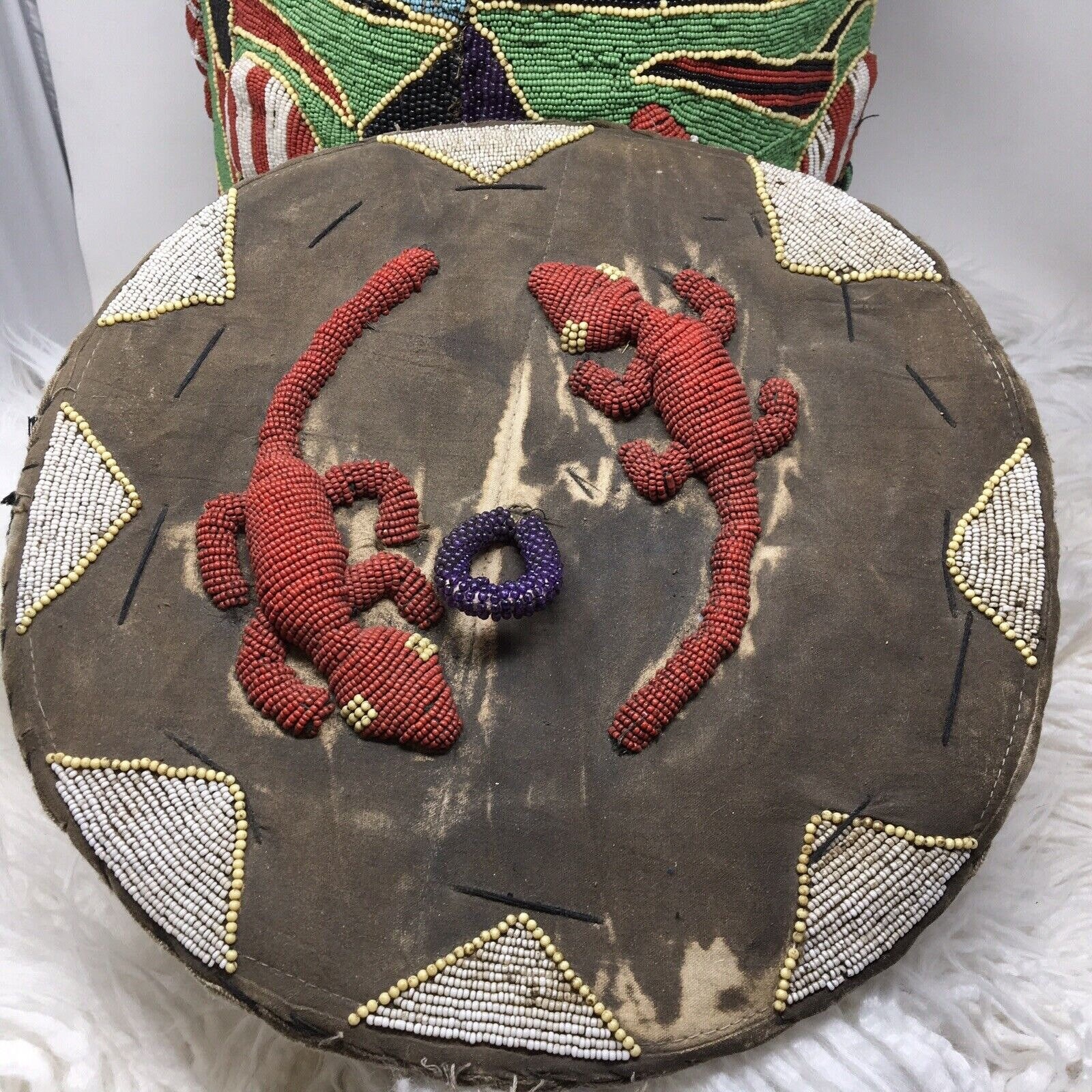 Vtg Yoruba Woven Plant Fiber Basket Glass Beadwork Lizard Nigeria ...