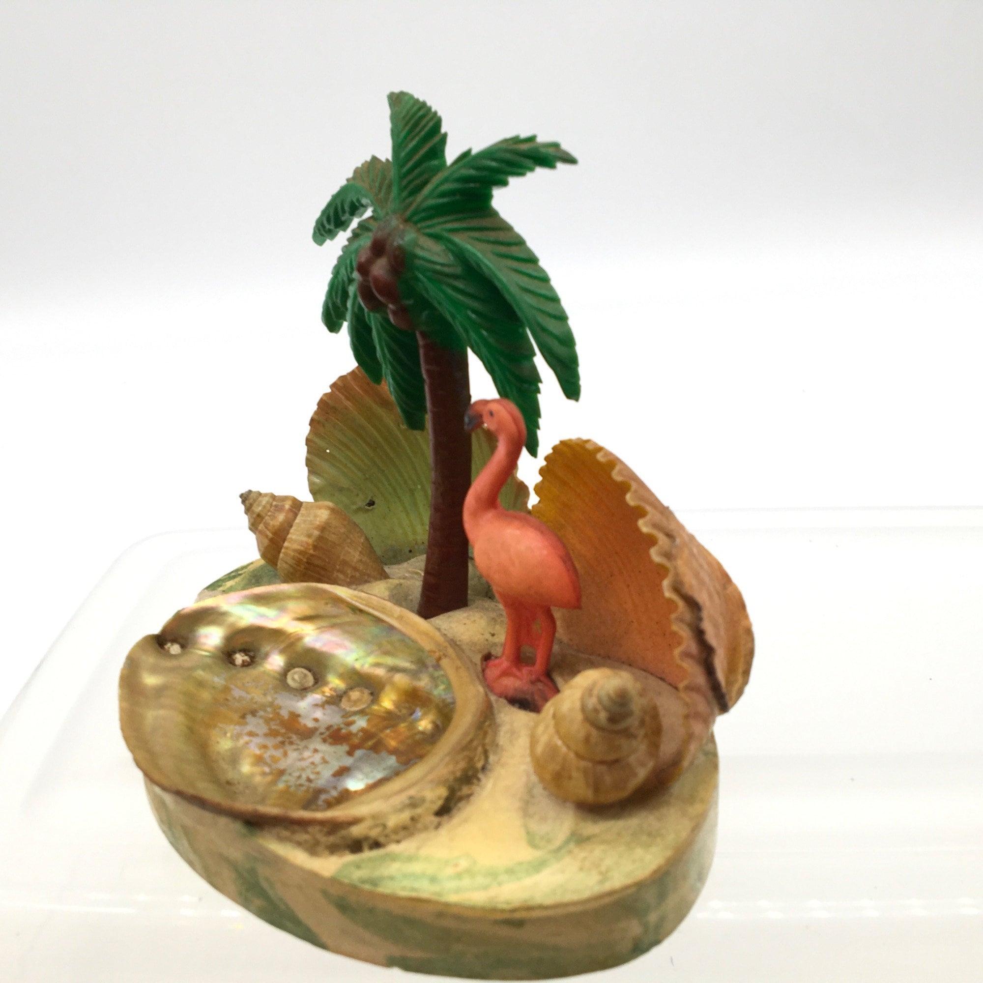 Mid Century Seashell Souvenir Diorama Shells Flamingo Palm Tree Kitsch ...