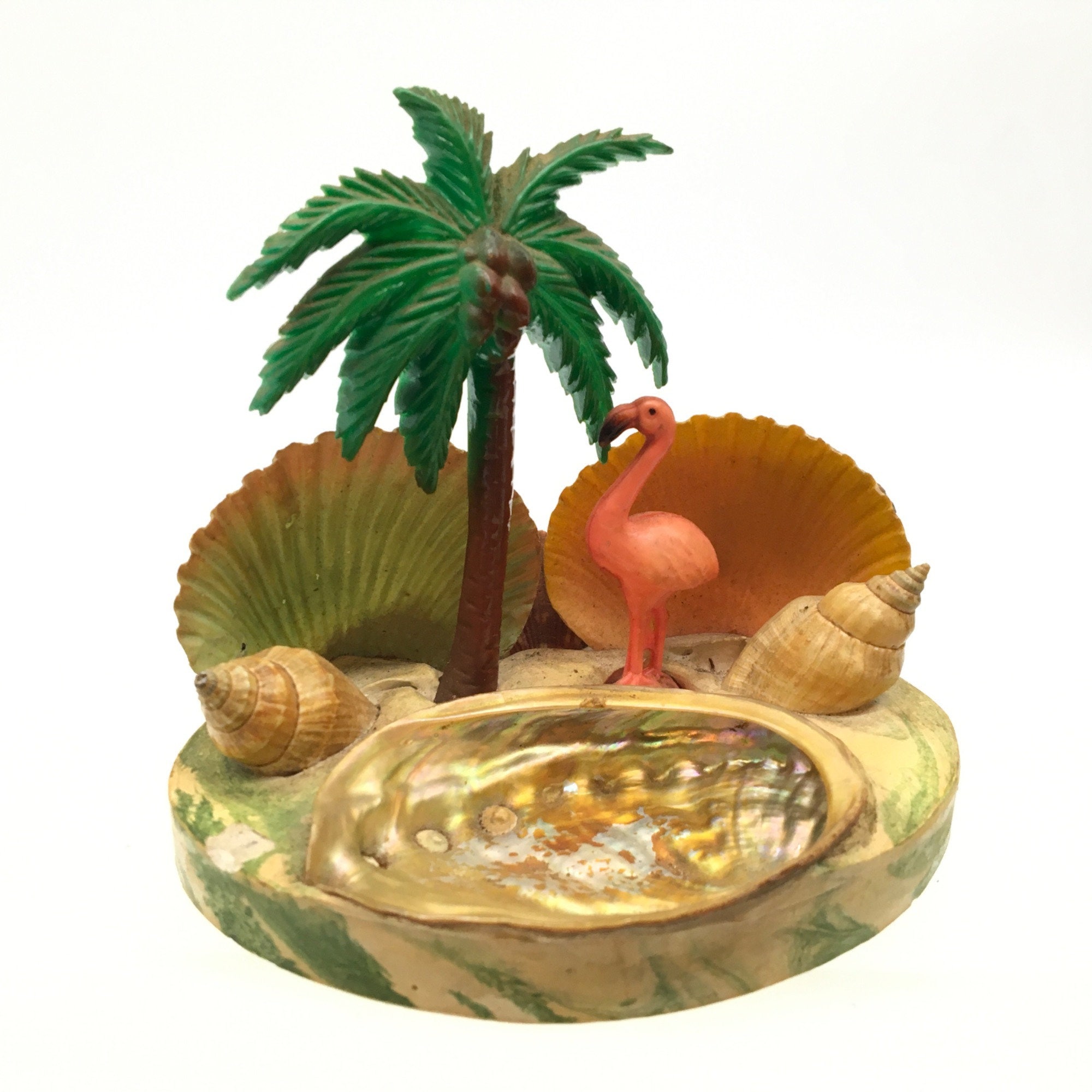 Mid Century Seashell Souvenir Diorama Shells Flamingo Palm Tree Kitsch ...