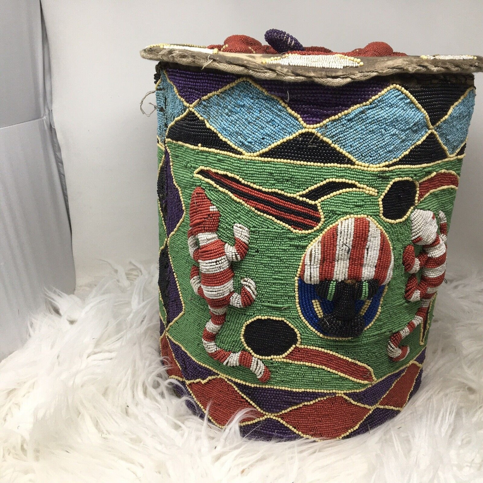 Vtg Yoruba Woven Plant Fiber Basket Glass Beadwork Lizard Nigeria ...