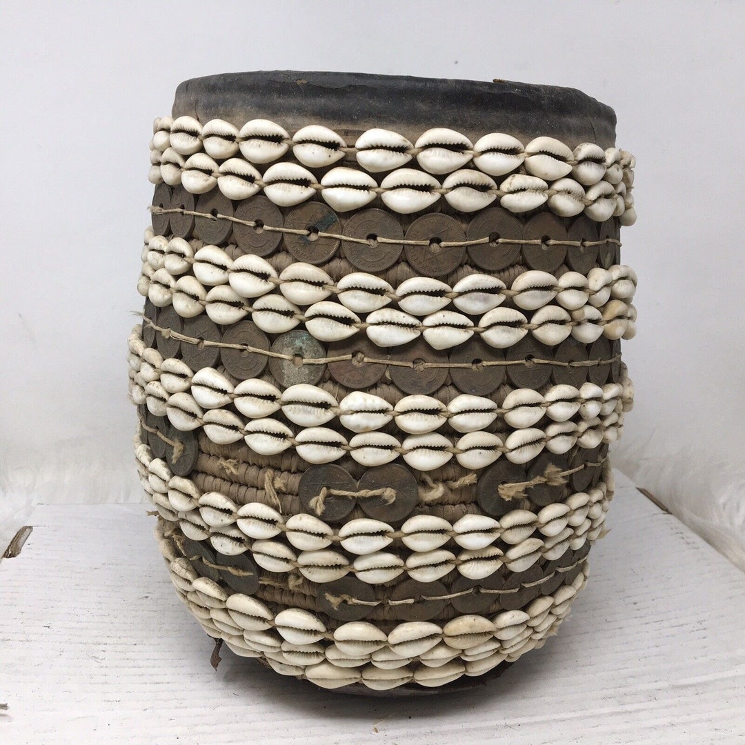 Antique African Hausa Woven Coil Grass Basket Cowrie Shells Coins ...