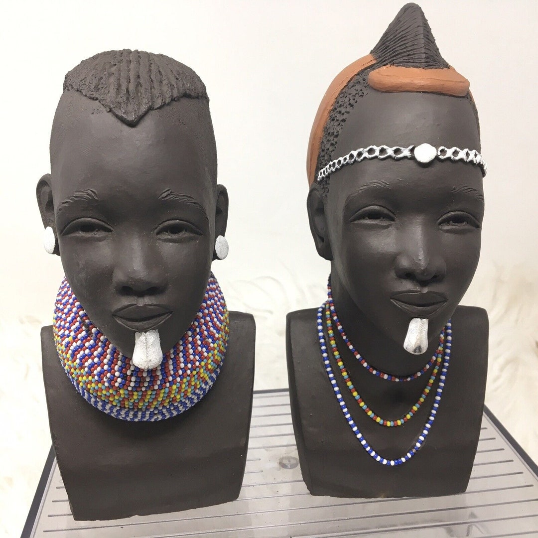 Pair African Turkana Girl and Moran / Elder Handmade Clay Bust ...