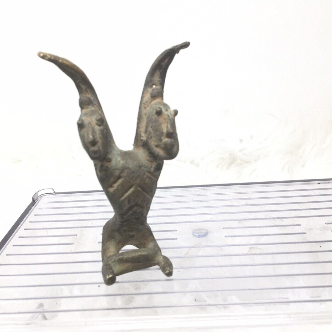 Antique West African Bronze Two Headed Seated Figure Man Woman ...