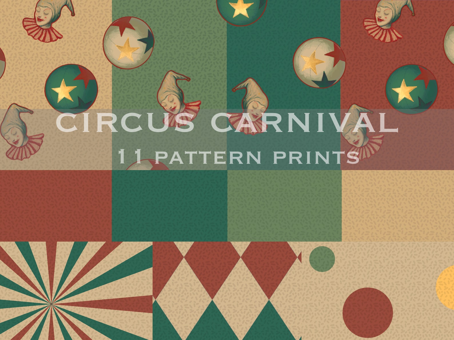 11 Circus Patterns, in 4 Different Colours, With Clowns, Circus Balls ...