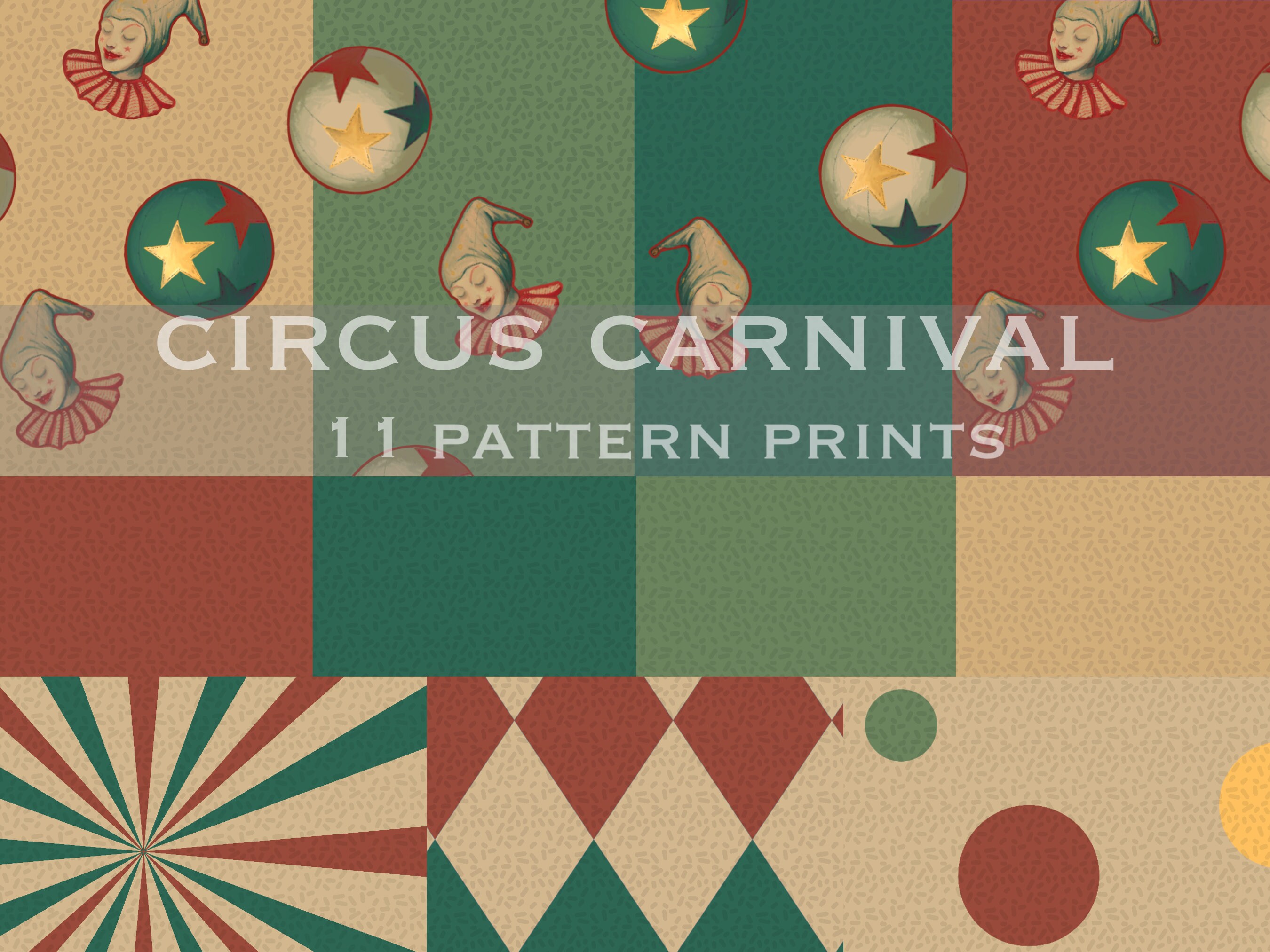 11 Circus Patterns, in 4 Different Colours, With Clowns, Circus Balls ...