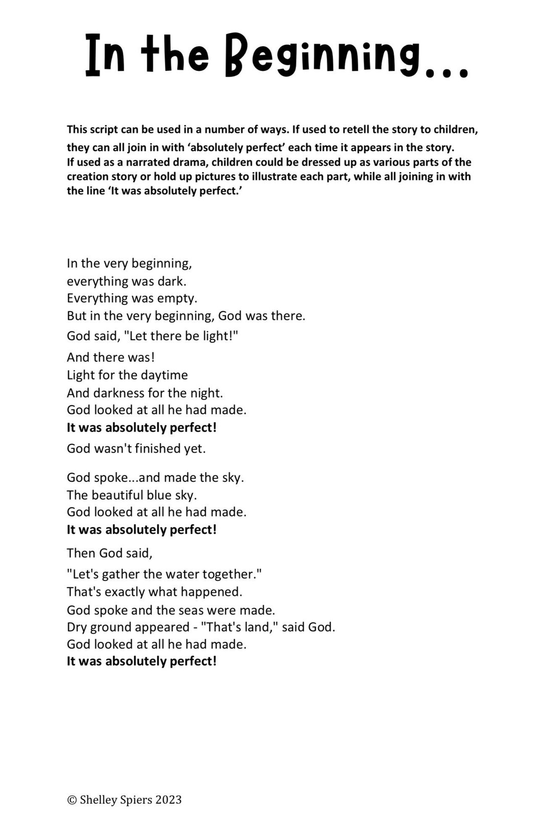 In the Beginning - Bible Script/story Retelling - Etsy