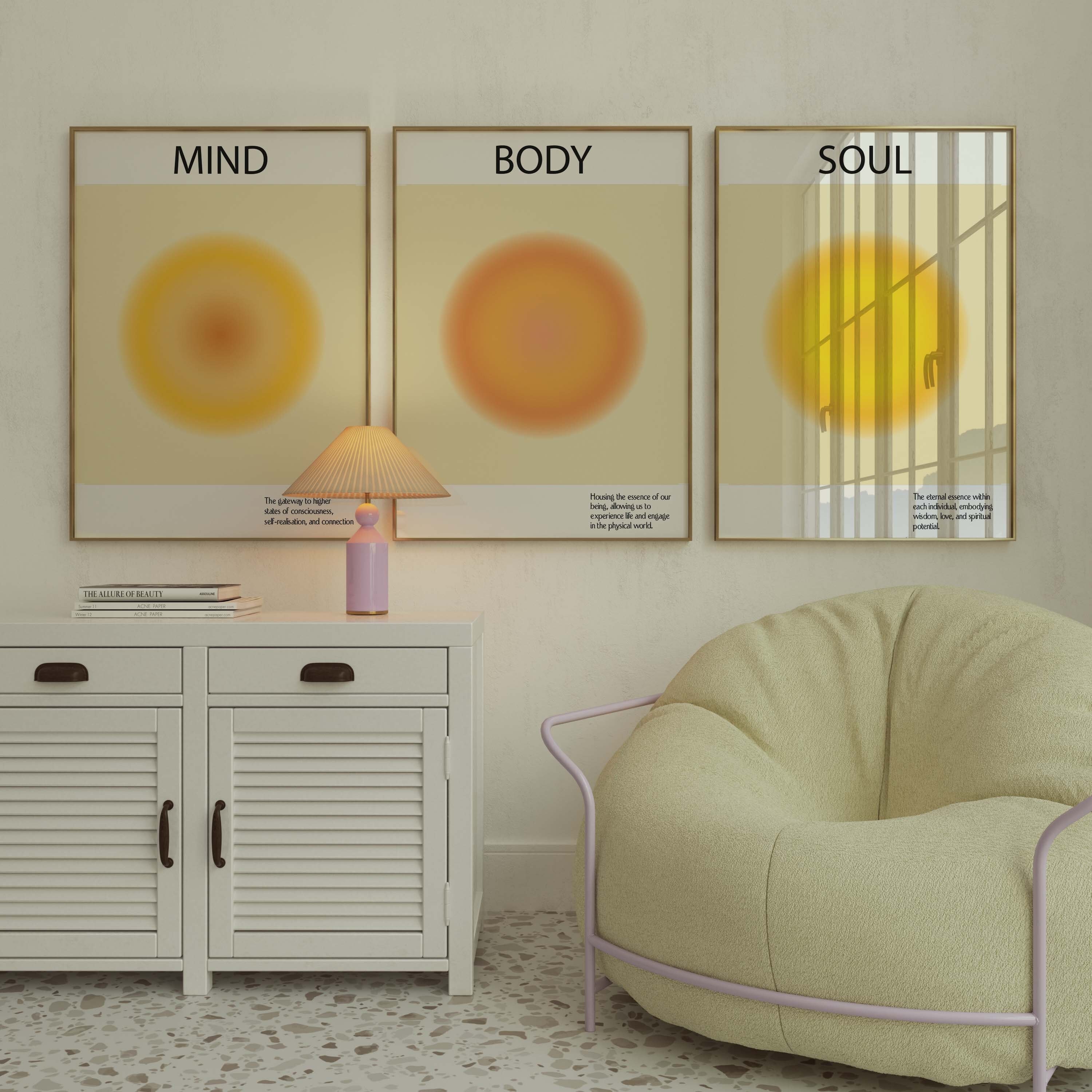 Set of 3 Aura Poster, Mind Body Soul, Gradient Spiritual Wall Art ...