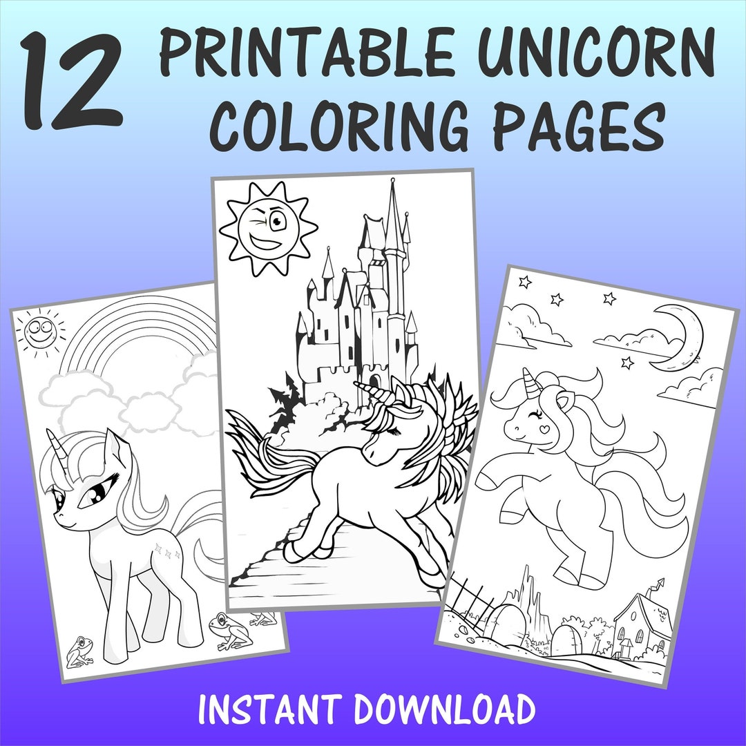 Unicorn Coloring Pages for Kids, 12 Printable Images Digital Download ...