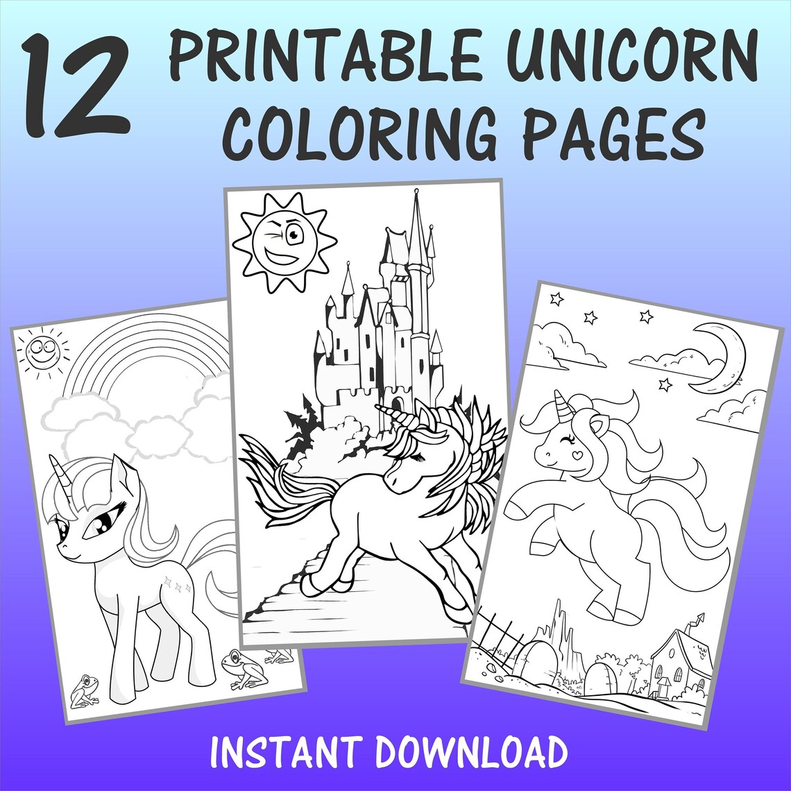 Unicorn Coloring Pages for Kids, 12 Printable Images Digital Download ...