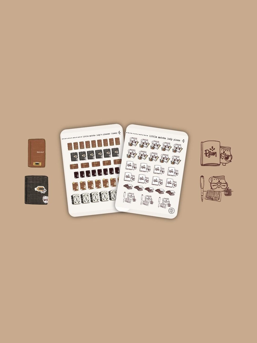 Little Matcha Lady Plans Clear Matte Bundle Sketch Style Sticker Icons ...