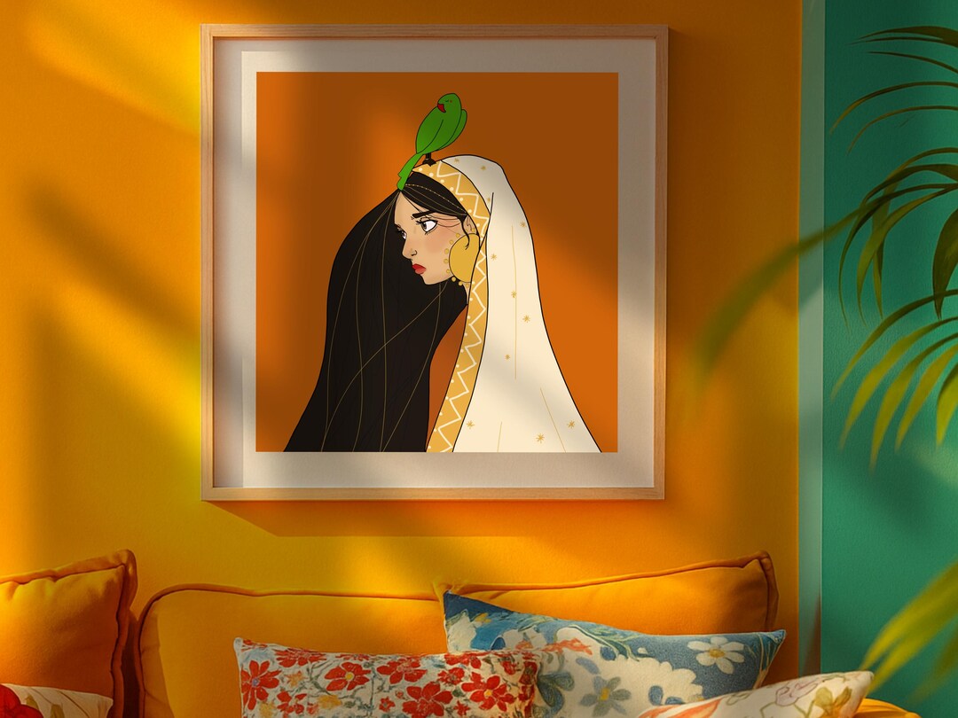Pakistani Woman With Parrot Art Print: Mughal Inspired Desi Decor ...