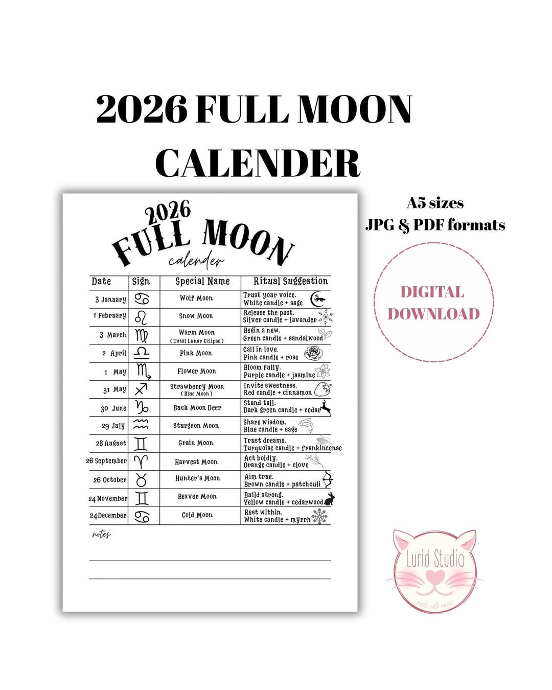 2026 Full Moon Calendar, Rituals & Zodiac Guide, Digital Download - Etsy