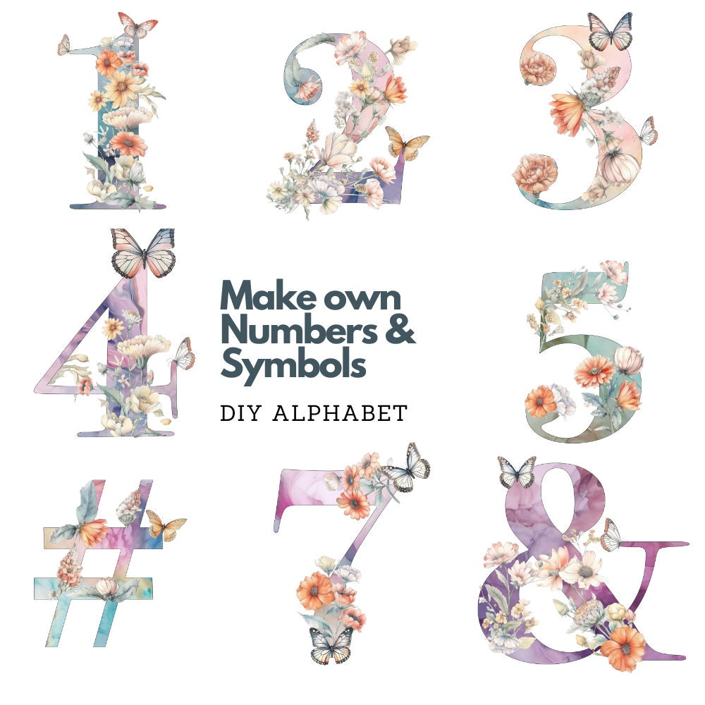 DIY Watercolor Alphabet, Numbers and Symbols Clipart PNG Bundle Floral ...