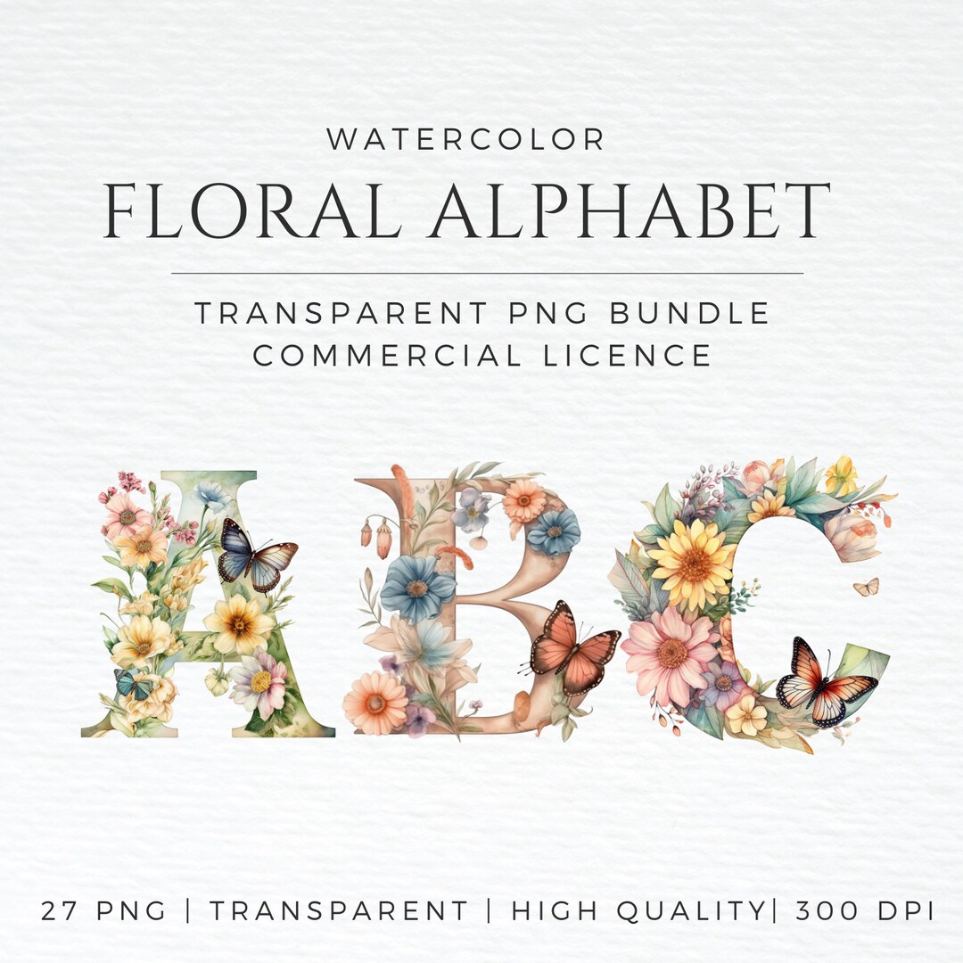 Watercolor Floral Alphabet Letters Clipart PNG Bundle Floral Clip Art ...