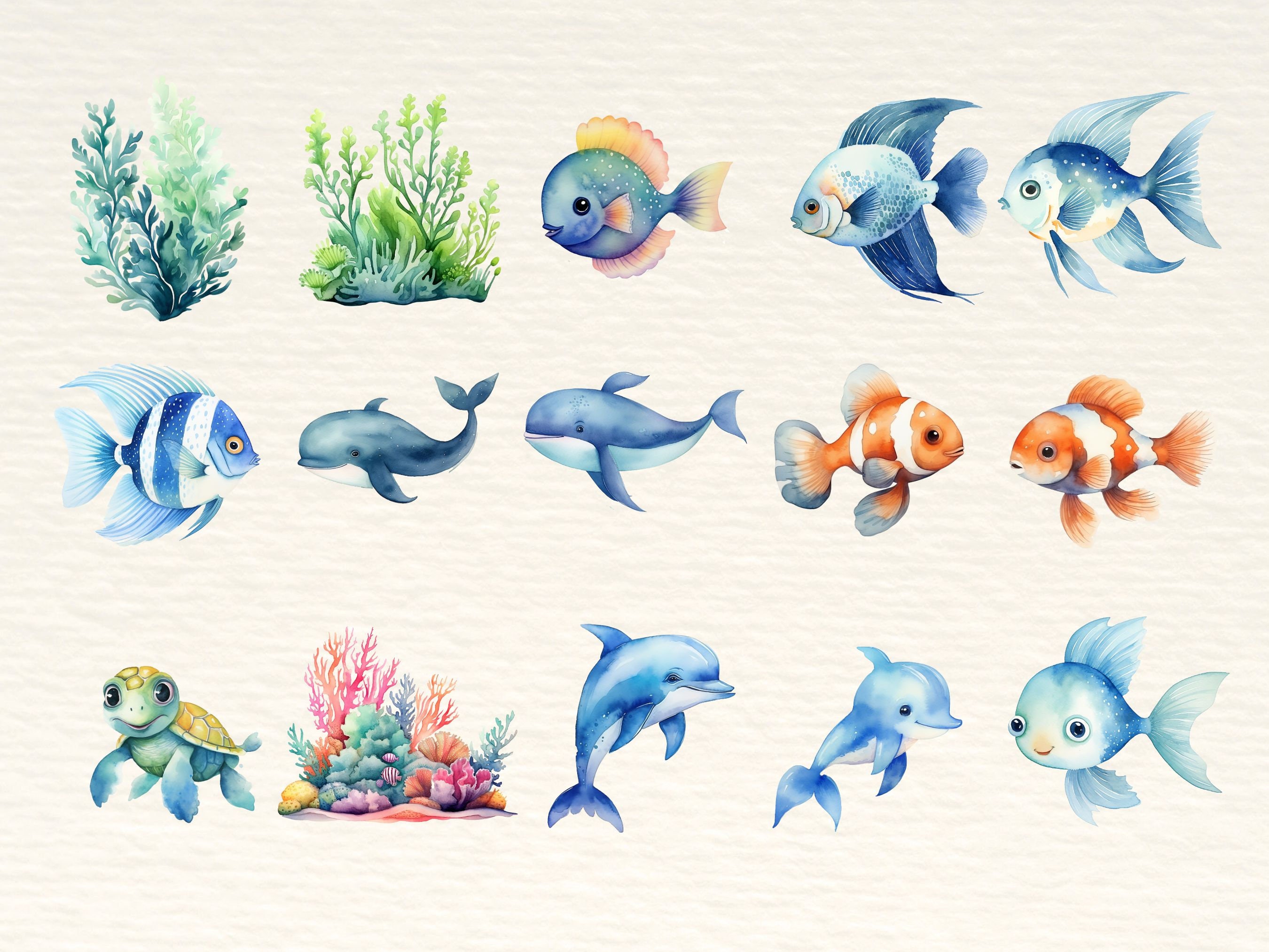 Atercolor Undersea Clipart Bundle Cute Ocean Animals PNG Nursery Decor ...