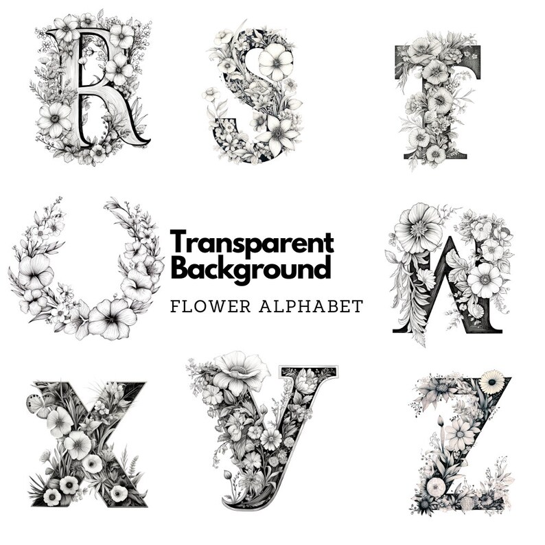 Floral Alphabet Drawing Letters Clipart PNG Bundle Floral Clip Art ...