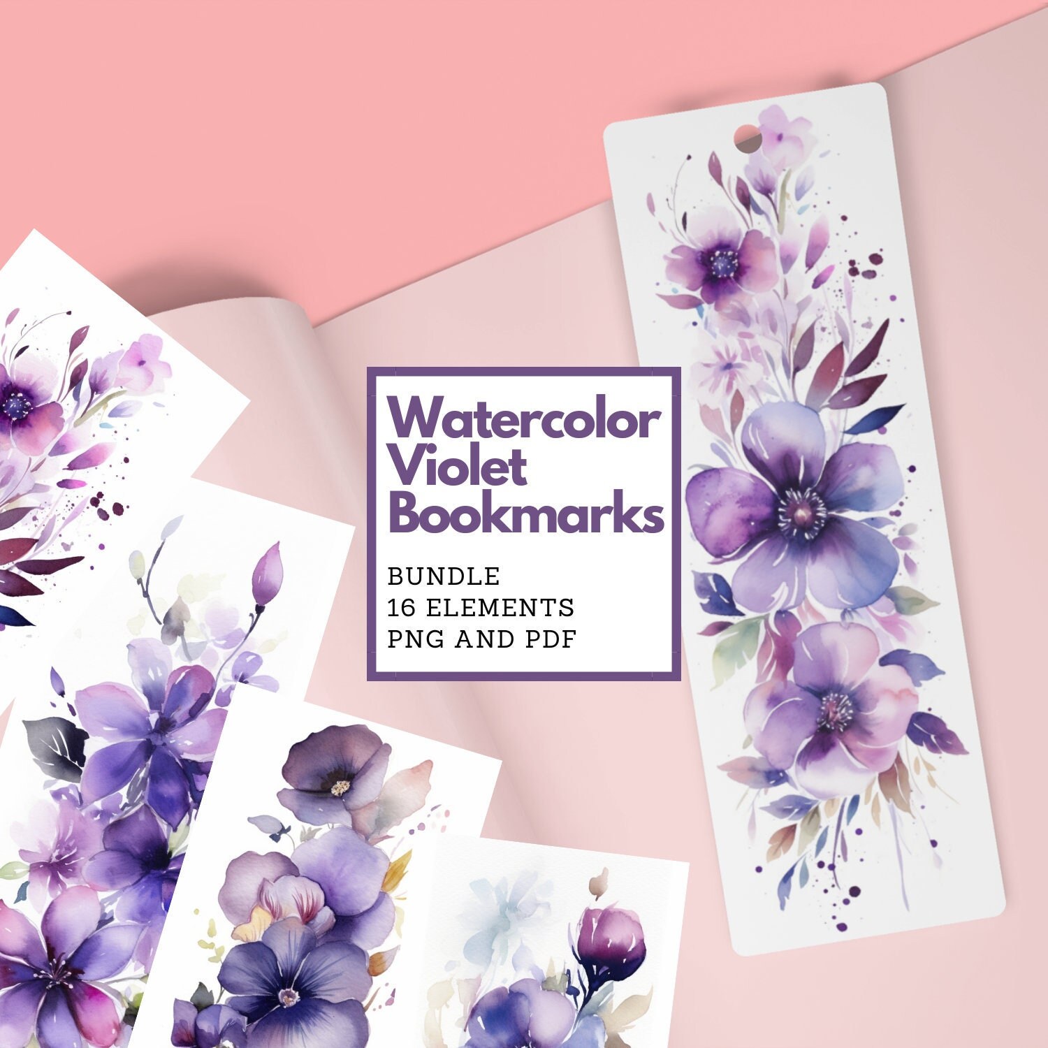 Bundle of 16 Violet Watercolour Flower Digital Bookmarks to Download ...