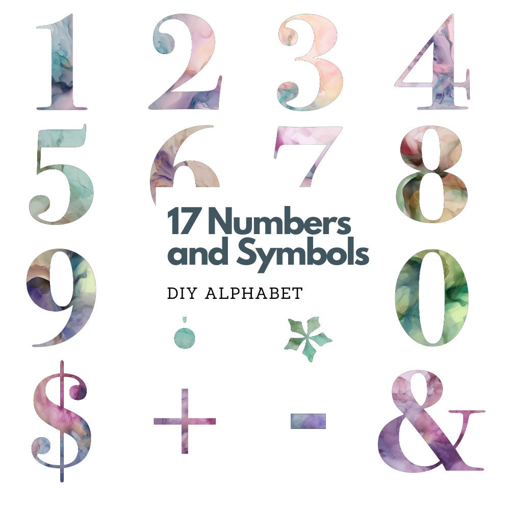 DIY Watercolor Alphabet, Numbers and Symbols Clipart PNG Bundle Floral ...