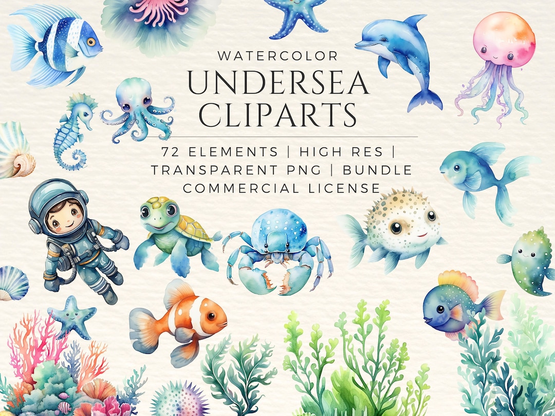 Atercolor Undersea Clipart Bundle Cute Ocean Animals PNG Nursery Decor ...