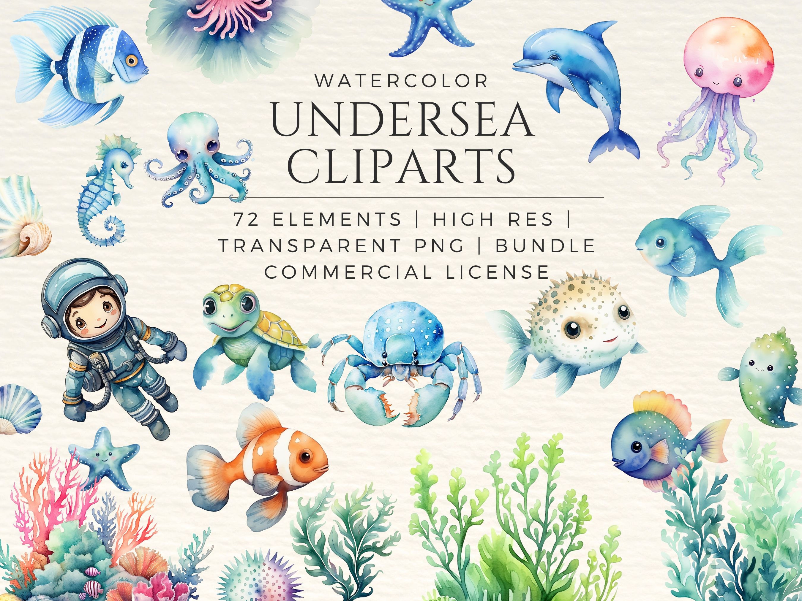 Atercolor Undersea Clipart Bundle Cute Ocean Animals PNG - Etsy
