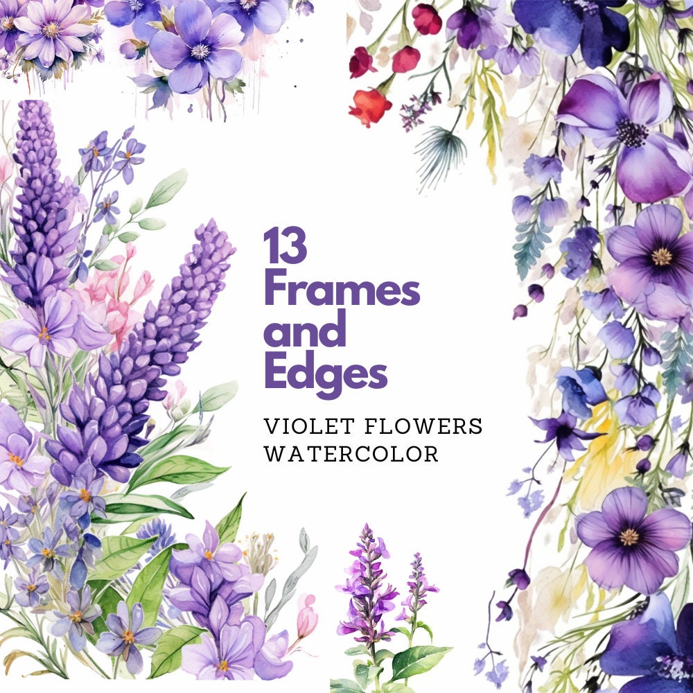 Purple Botanical Clipart Bundle PNG Watercolor Violet Flowers Bundle ...