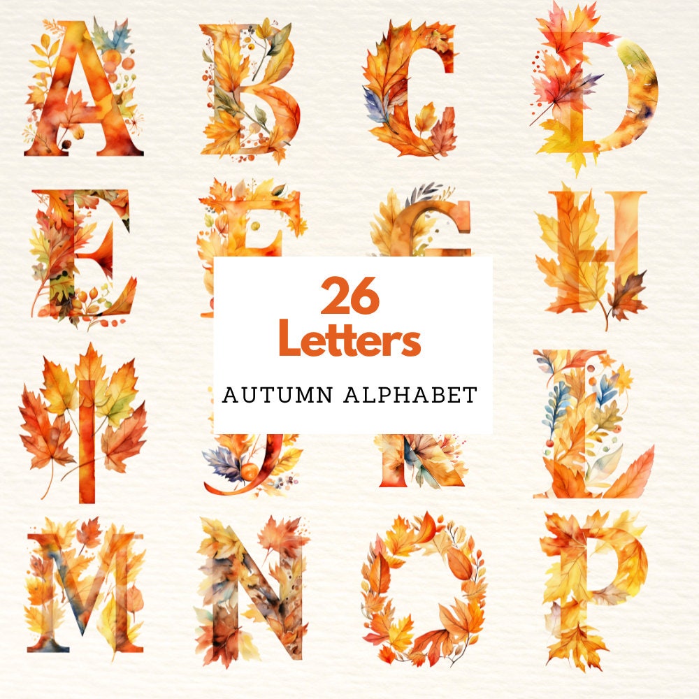 Watercolor Autumn Alphabet Letters Clipart PNG Bundle Autumn Aesthetic ...