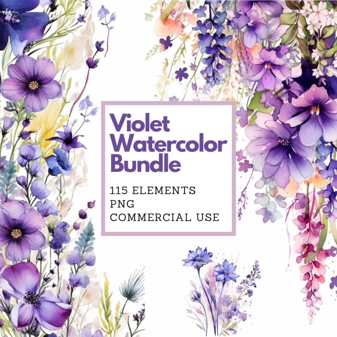 Purple Botanical Clipart Bundle PNG Watercolor Violet Flowers Bundle ...
