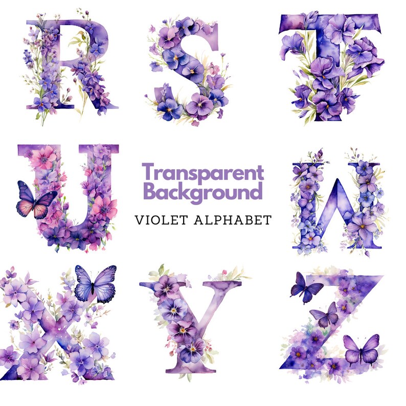 Violet Floral Alphabet Watercolor Floral Alphabet Letters Clipart PNG ...