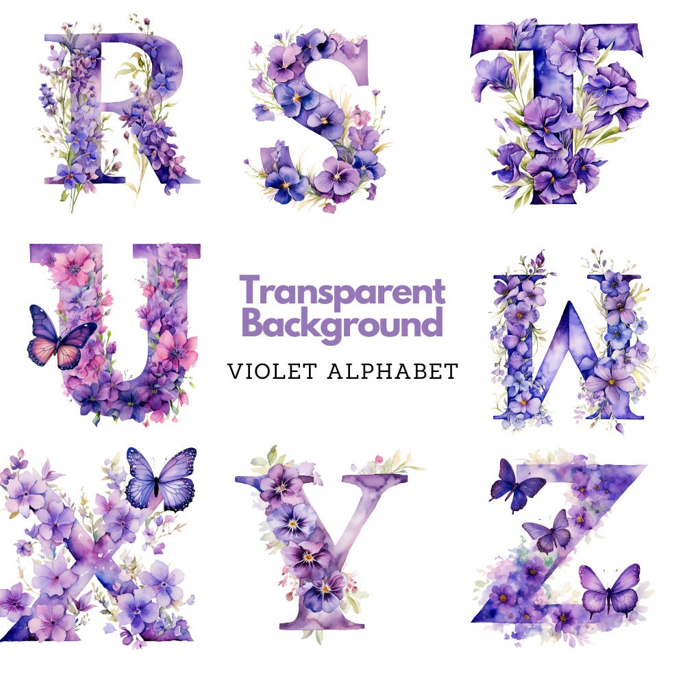 Violet Floral Alphabet Watercolor Floral Alphabet Letters Clipart PNG ...