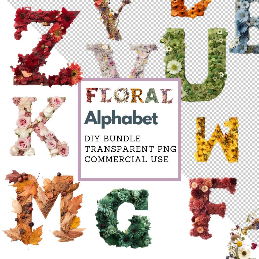 Floral Alphabets Letters Clipart PNG Bundle Floral Clip Art Lettering ...