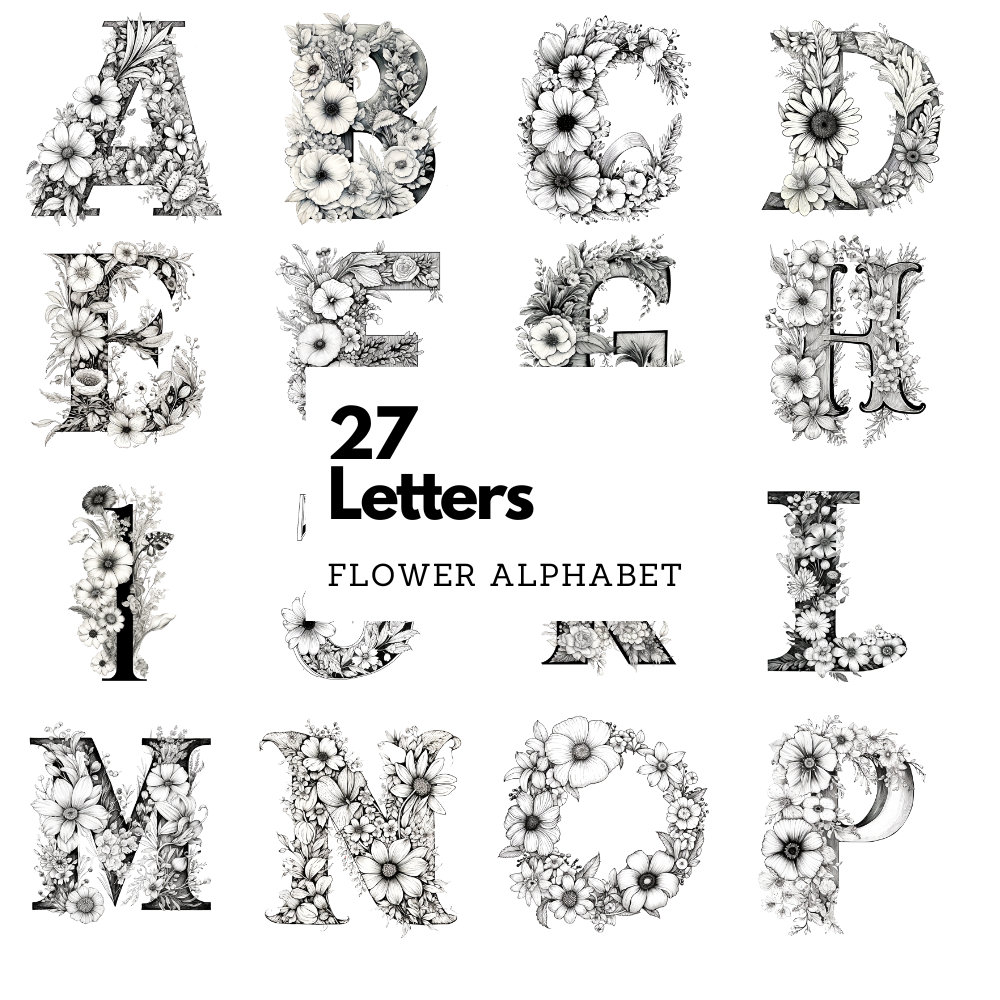 Floral Alphabet Drawing Letters Clipart PNG Bundle Floral Clip Art ...