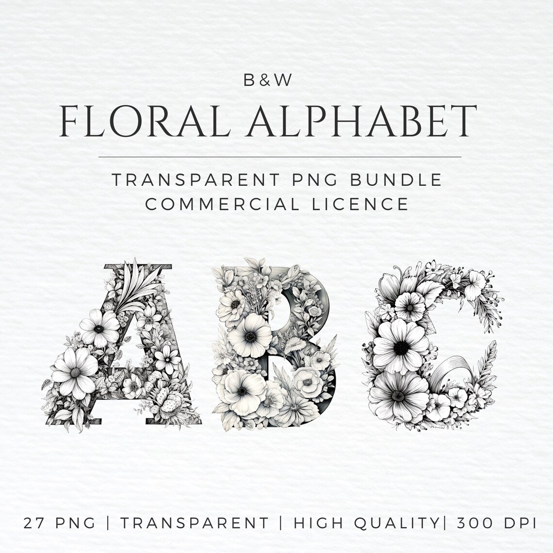 Floral Alphabet Drawing Letters Clipart PNG Bundle Floral Clip Art ...