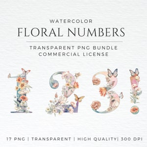 Watercolor Floral Numbers and Symbols Clipart PNG Bundle Floral Clip ...