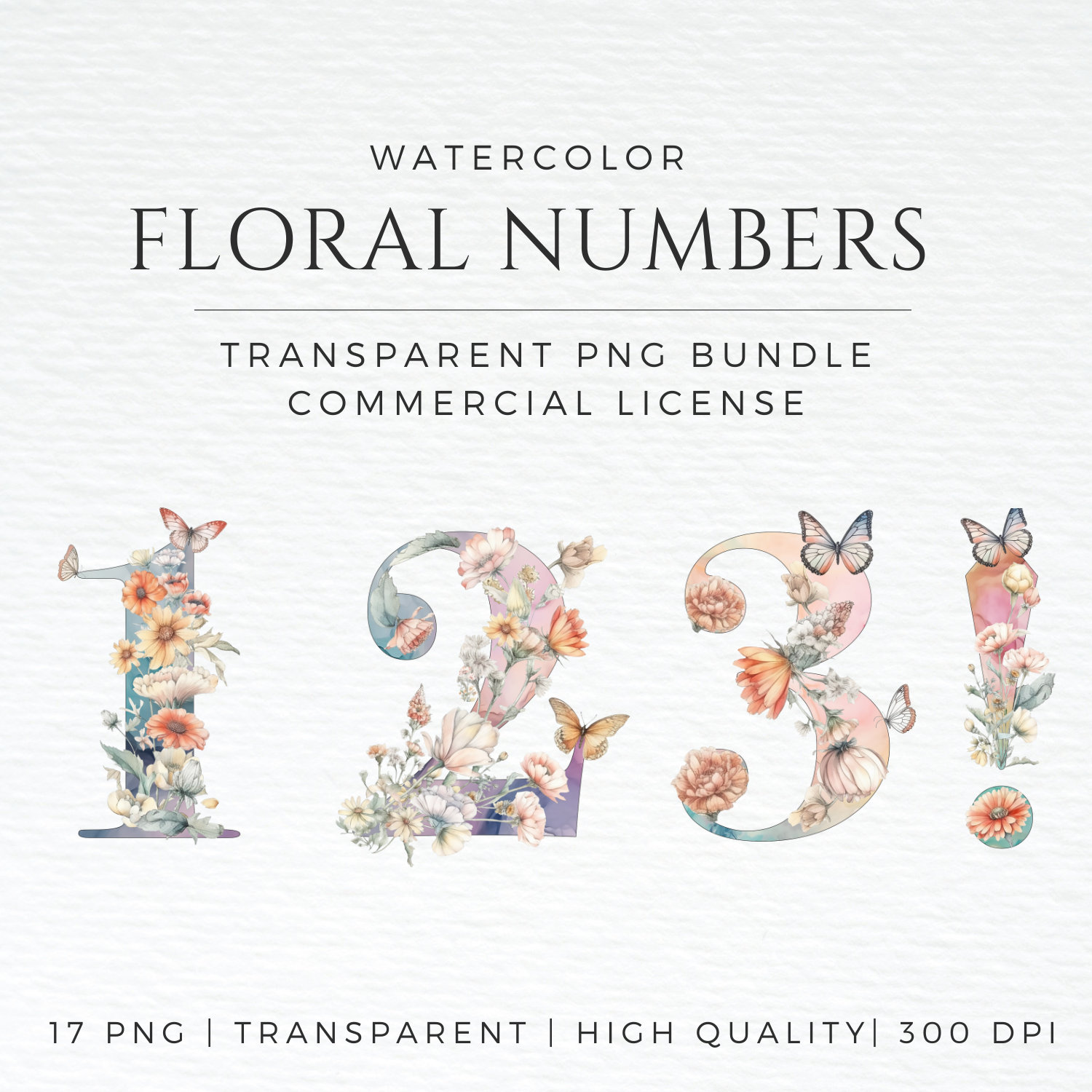 Watercolor Floral Numbers and Symbols Clipart PNG Bundle Floral Clip ...