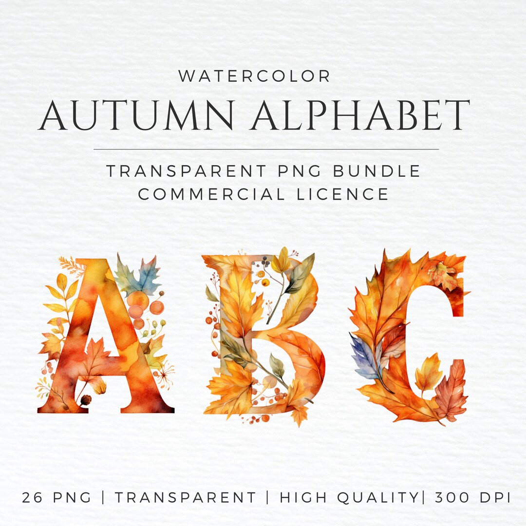 Watercolor Autumn Alphabet Letters Clipart PNG Bundle Autumn Aesthetic ...