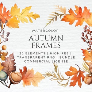 Autumn Frames PNG Bundle Transparent Full Commercial License Watercolor ...