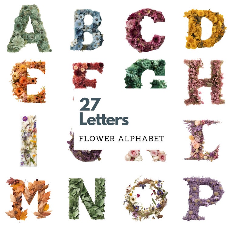 Floral Alphabets Letters Clipart PNG Bundle Floral Clip Art Lettering ...