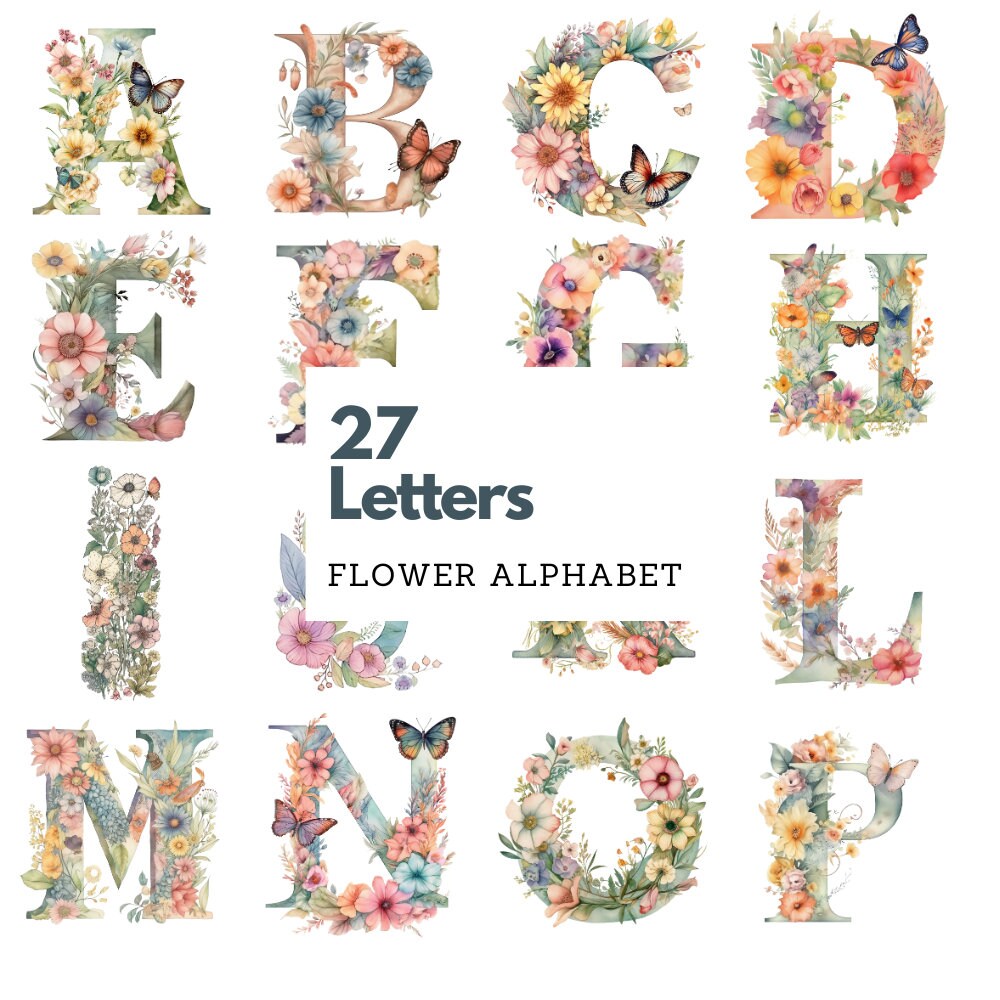 Floral Alphabet Drawing Letters Clipart PNG Mega Bundle Floral Clip Art ...