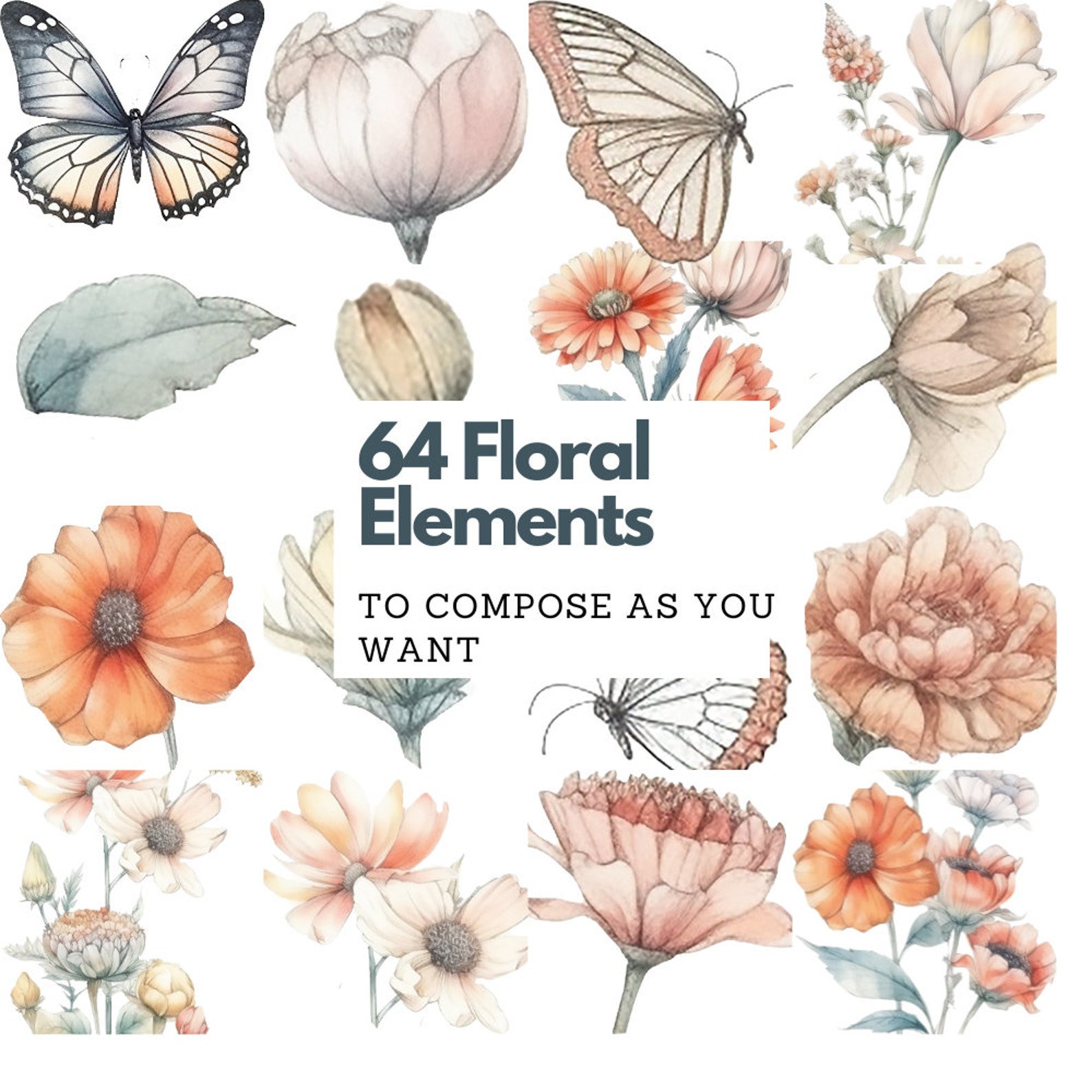 DIY Watercolor Alphabet, Numbers and Symbols Clipart PNG Bundle Floral ...